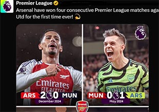 Arsenal win 4th consecutive Premier League match against Man Utd