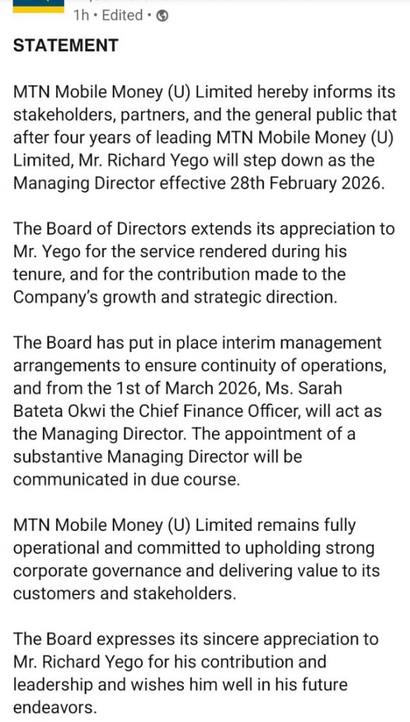 BREAKING: MTN MoMo MD Richard Yego to step down